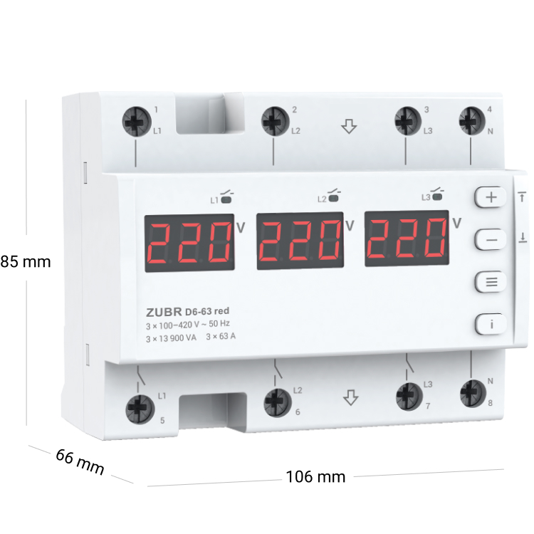 Реле напряжения ZUBR D6-63 red | ds-electronics.com.ua